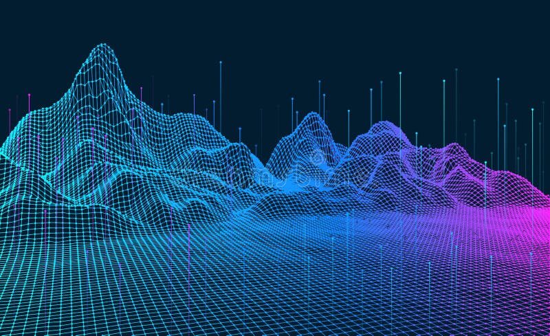 Abstract Digital Landscape with Particles Dots.Abstract Wire-frame ...