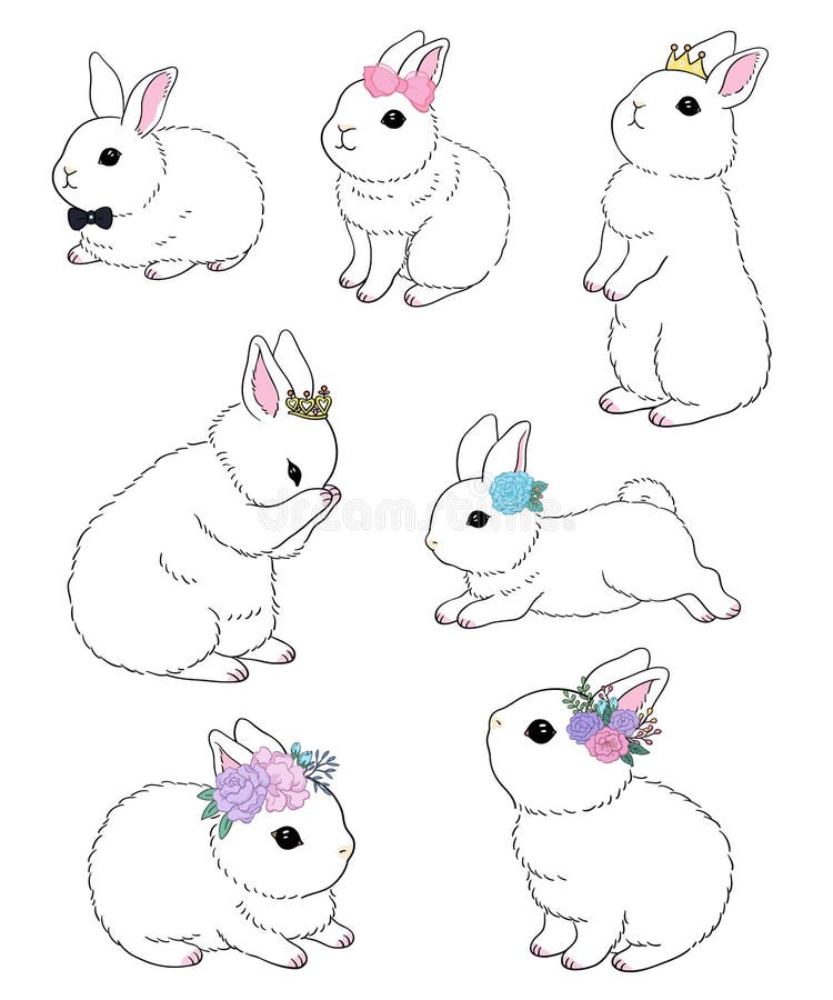 White Rabbit with Various Flower Crowns or Accessories Stock Vector ...