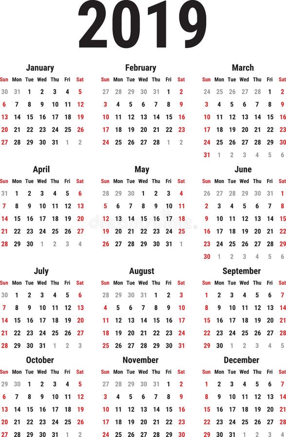 日历2019年 向量例证. 插画 包括有 编号, 组织者, 看板卡, 活动, 计划程序, 日历, 星期一 - 96142489