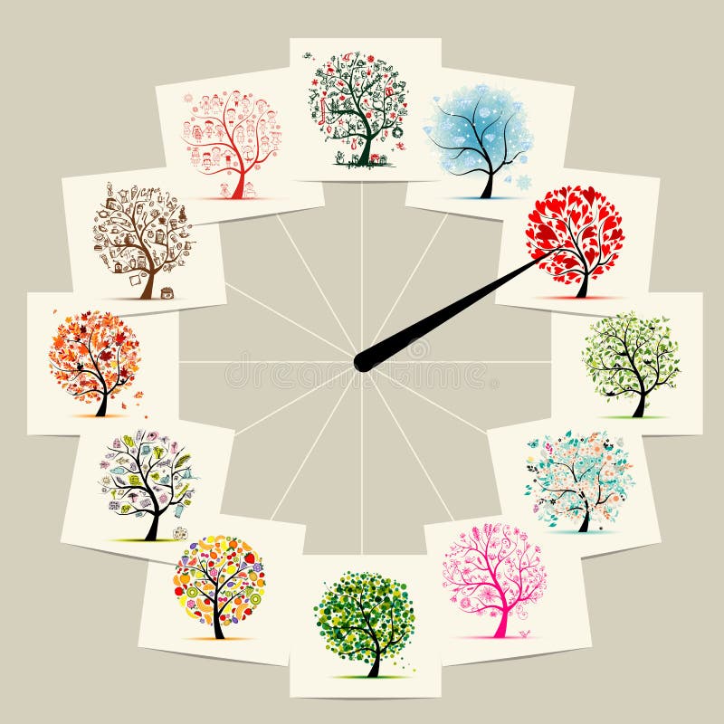12 Months with Art Trees, Watches Concept Design Stock Vector ...