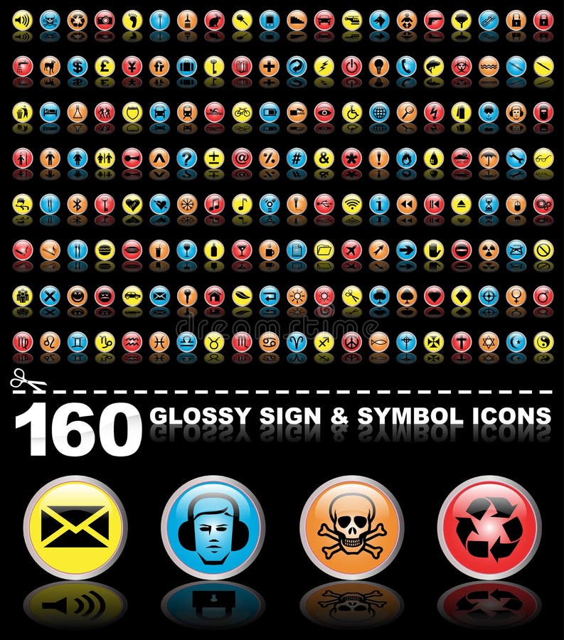 160 Glossy Sign and Symbol Icons Stock Vector - Illustration of audio ...