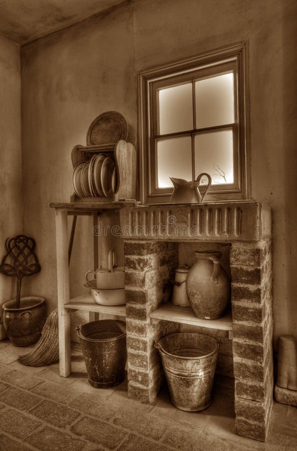 1901 Kitchen in Black and White Stock Image - Image of plates, kitchen ...