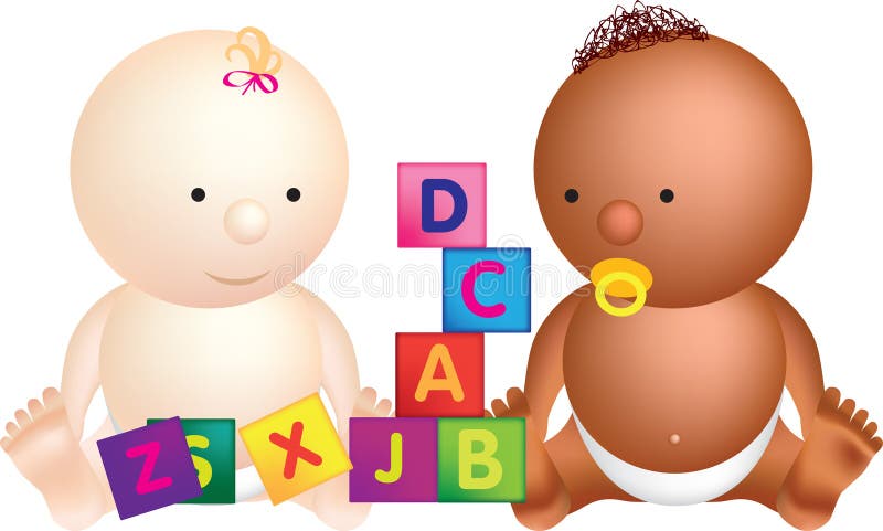 2 Babies Play with Building Blocks Stock Vector - Illustration of ...