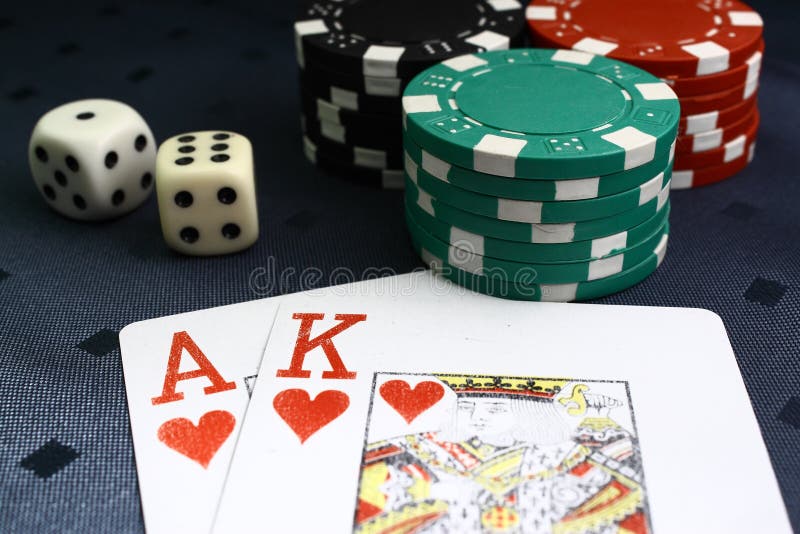 2 Cards with Chips and Dice on a Table Stock Image - Image of sport ...