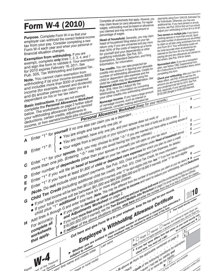 2010 modulo W-4 immagine stock. Immagine di applicazione - 12838883