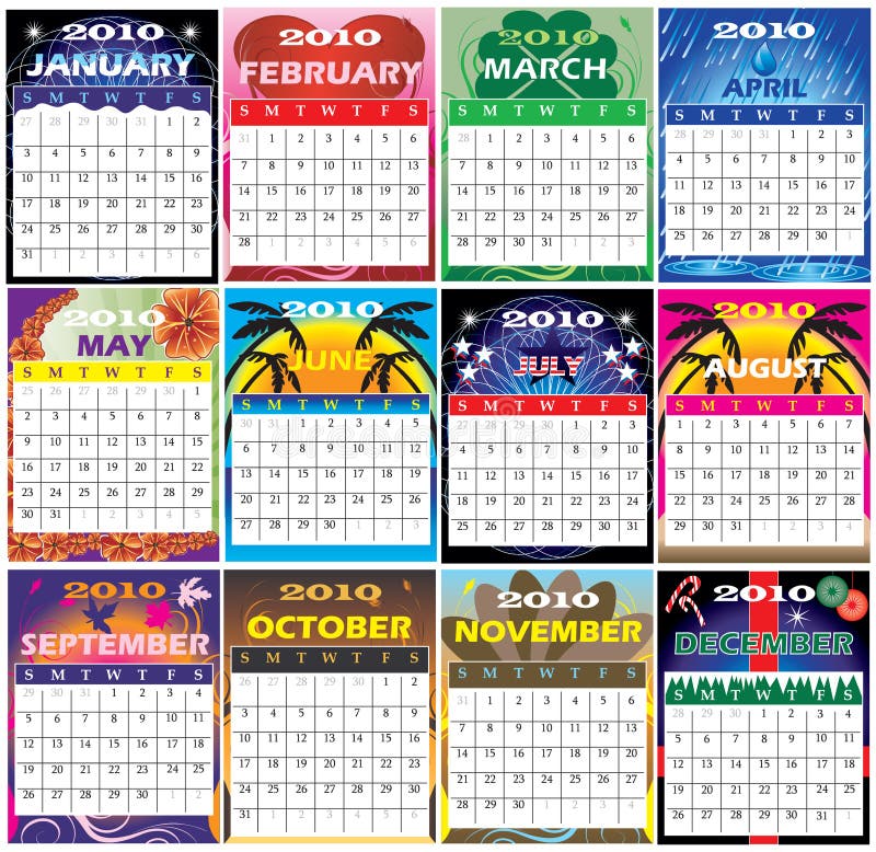 2010 Set of 12 Themed Calendars Stock Illustration - Illustration of ...