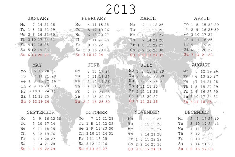 2013 Calendar with World Map Stock Illustration - Illustration of earth ...