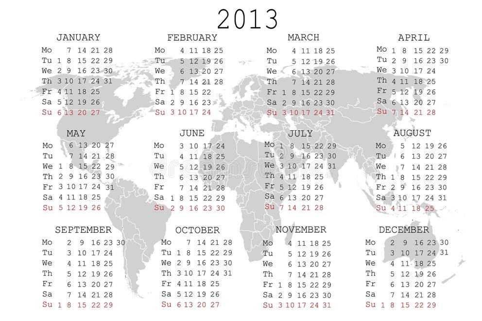 2013 Calendar with World Map Stock Illustration - Illustration of earth ...