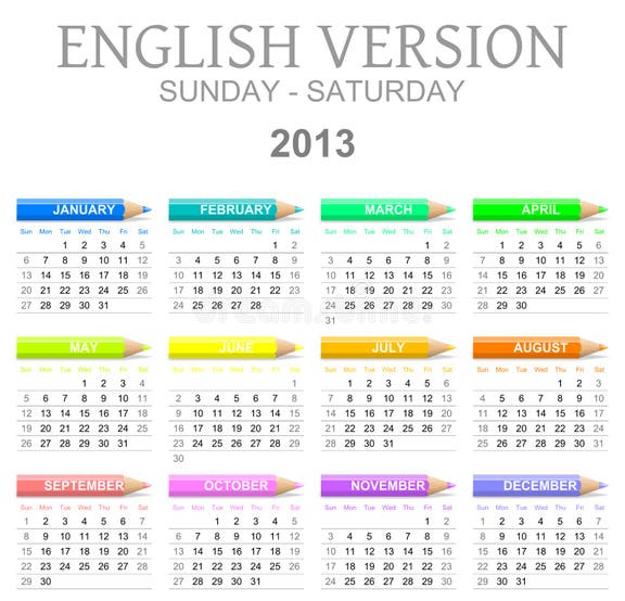 2013 Crayons Calendar English Version Sun - Sat Stock Illustration ...