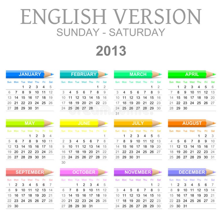 2013 Crayons Calendar English Version Sun - Sat Stock Illustration ...