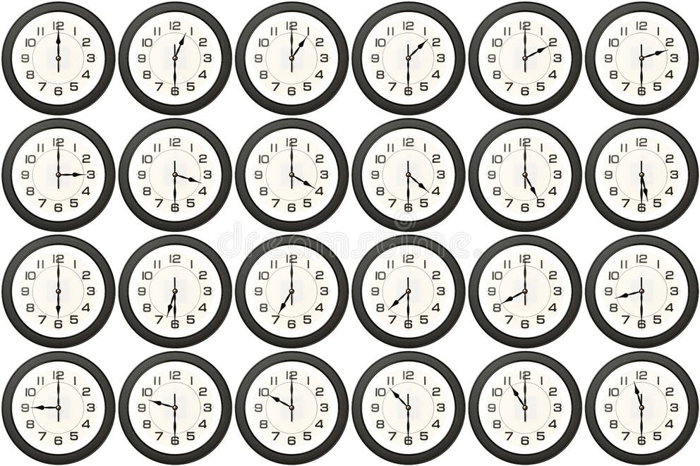 24 Borduhren Jede Halbe Stunde Stock Abbildung - Illustration von zeit ...