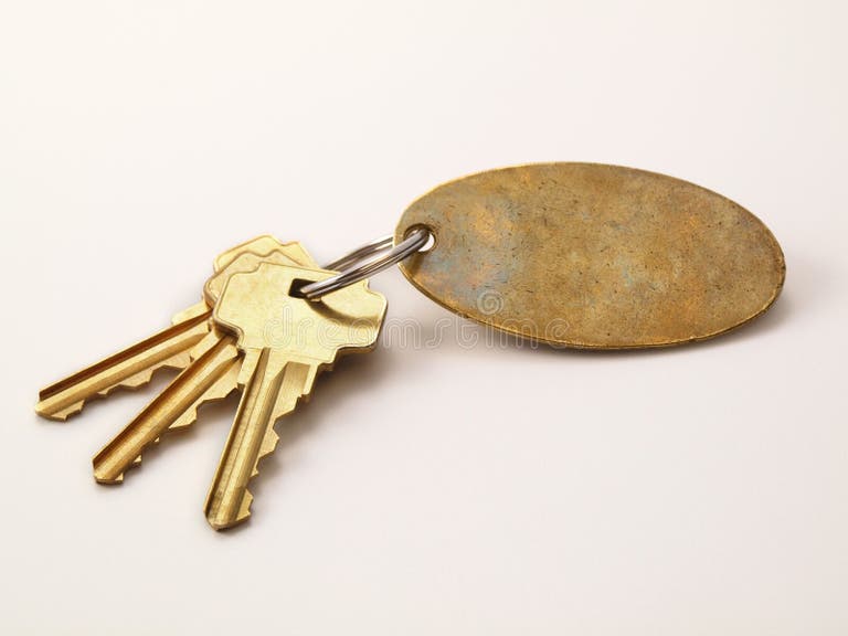 3 Gold Keys and Blank Keychain Isolated Stock Image - Image of keyring ...