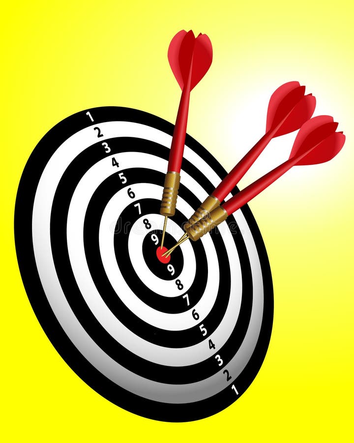 3 Darts with Red Fins in the Center of the Target Stock Illustration ...