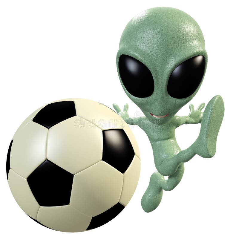 3D alien kicking a ball stock illustration. Illustration of ball - 25484840