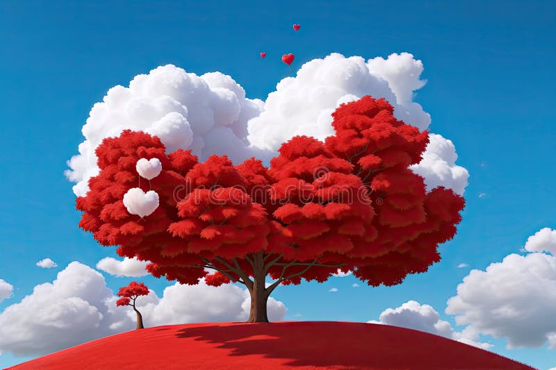 3D Animation Style Red Maple Tree Heart with Fluffy White Clouds. Ai ...