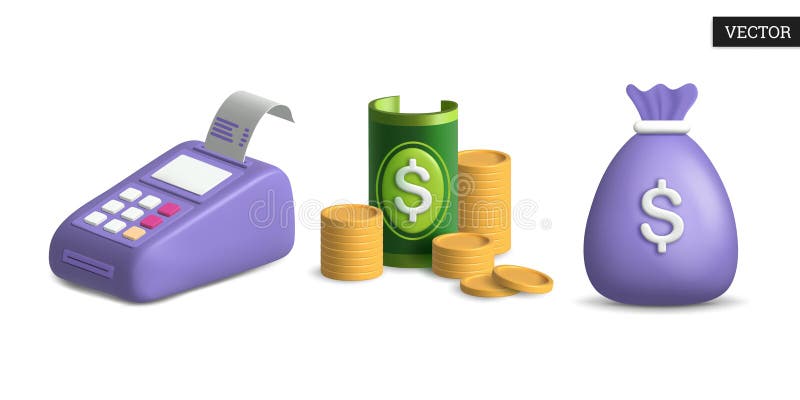 3d Business Icon Set. Payment Terminal, Money Bag, Stack of Coins and Dollar. Stock Vector ...
