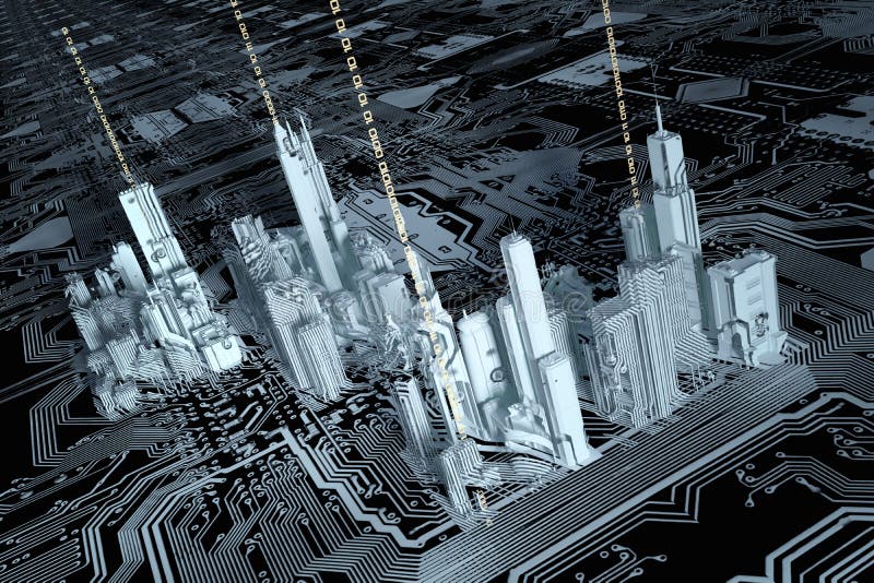 3D city on a computer chip stock illustration. Illustration of ...
