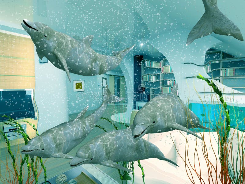 3D Dolphins inside home stock illustration. Illustration of home - 4074824