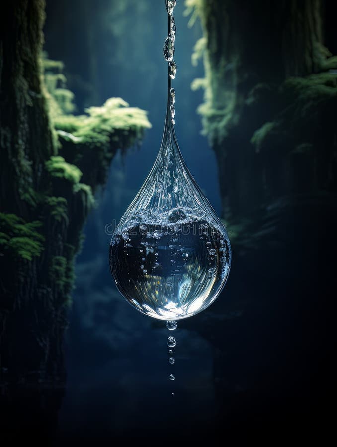 3D Drop of Water with Reflection of Nature Inside with Backdrop of ...