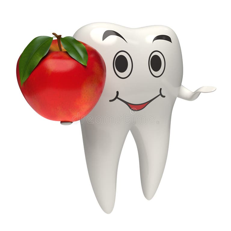 3d Healthy White Tooth Giving a Red Apple Stock Illustration ...