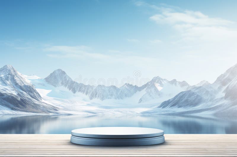 3D Ice Podium with Snowy Mountain Background, Morning Light Stock ...
