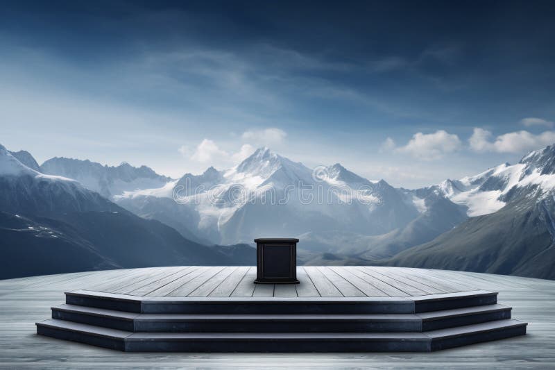 3D Ice Podium with Snowy Mountain Background, Morning Light Stock ...