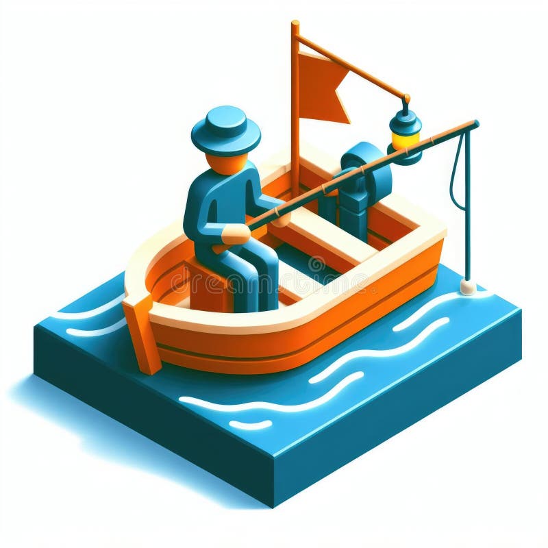 3D Icon of a Fisherman on a Boat in Isometric Style on a White ...