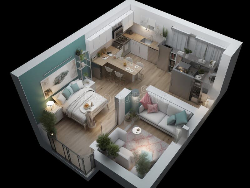 3D Illustration of a Fully Furnished Studio Apartment Layout Plan ...