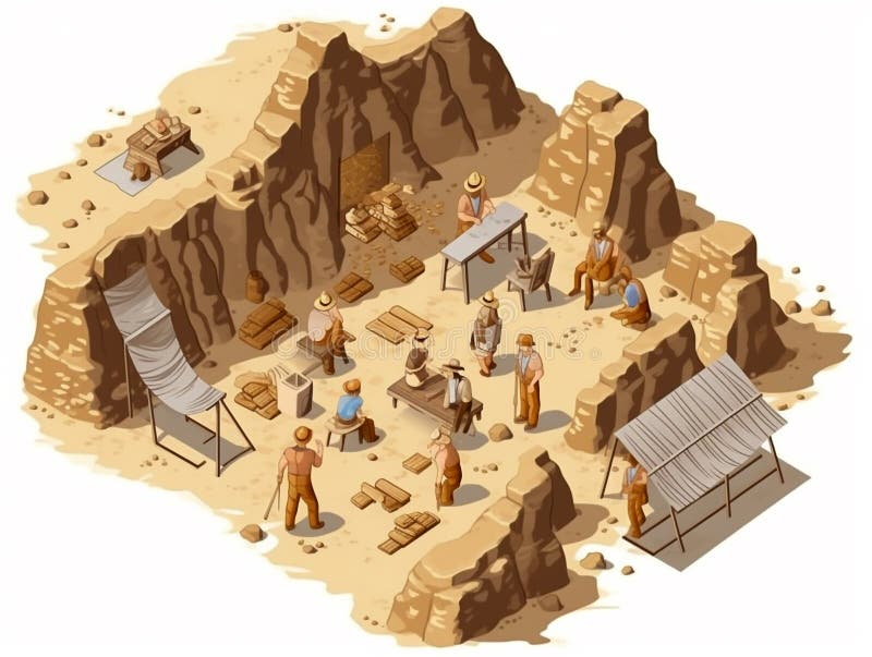 3D Isometric Illustration of Several Archaeologists Carrying Out ...
