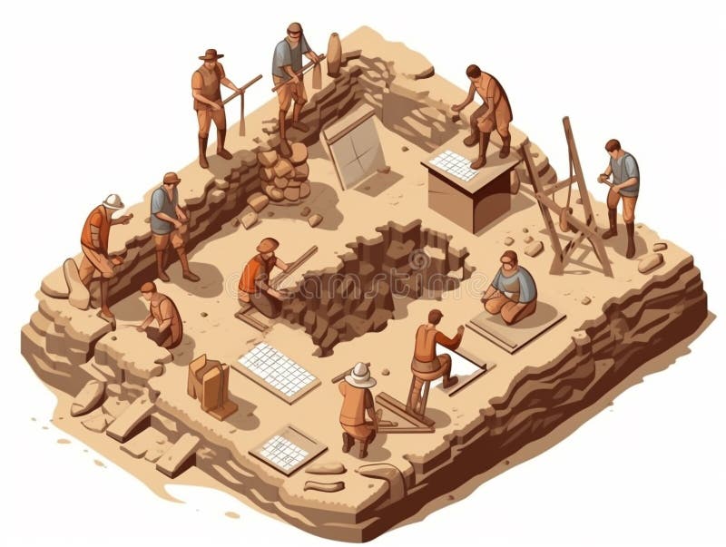 3D Isometric Illustration of Several Archaeologists Carrying Out ...