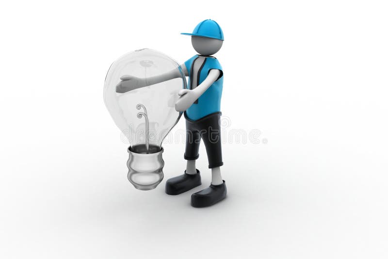 3d Man Holding a Light Bulb while Thinking Stock Illustration ...