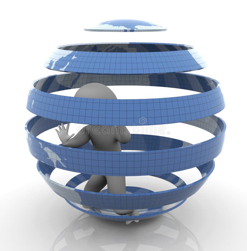 3d man inside caged globe stock illustration. Illustration of earth ...