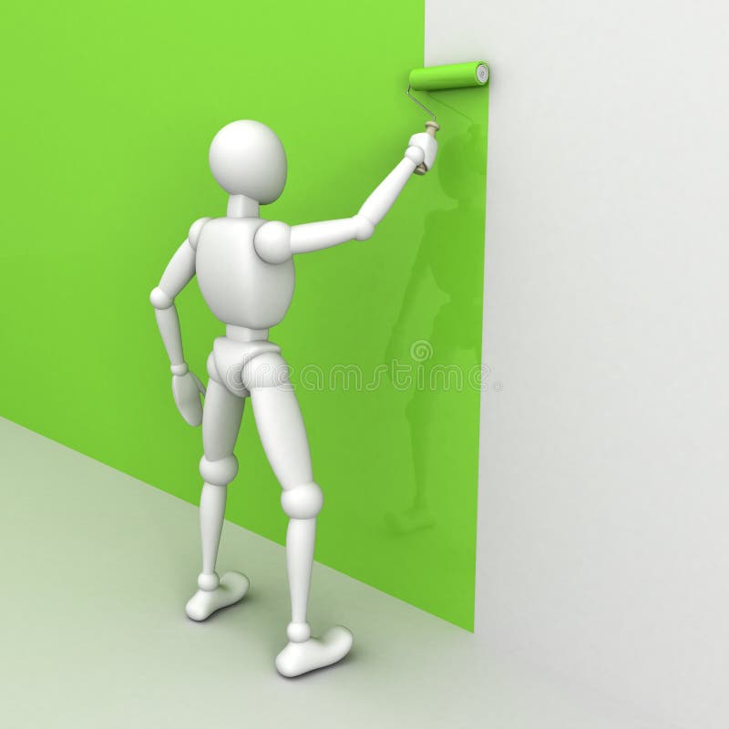 3D Man Painting the Wall with a Roller Brush Stock Illustration ...