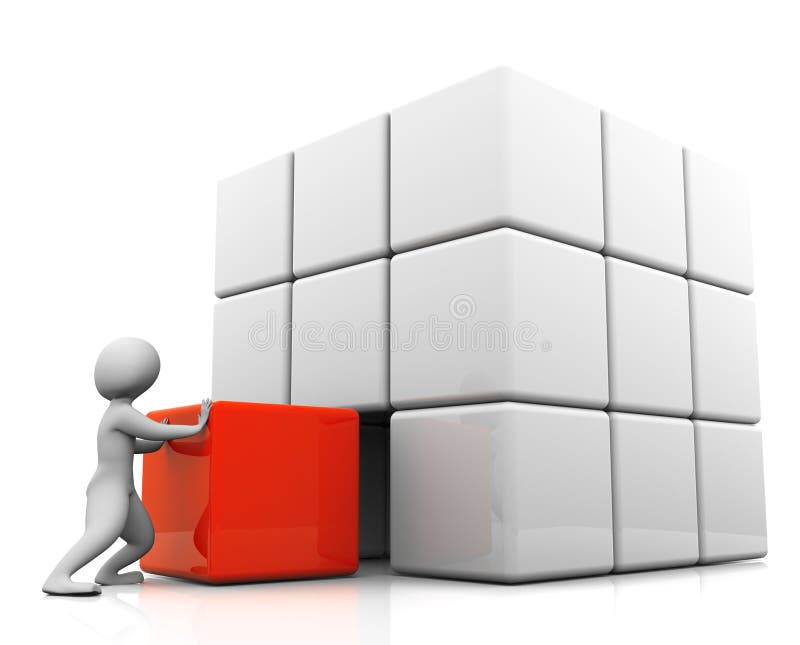 3d man placing red cube stock illustration. Illustration of person ...