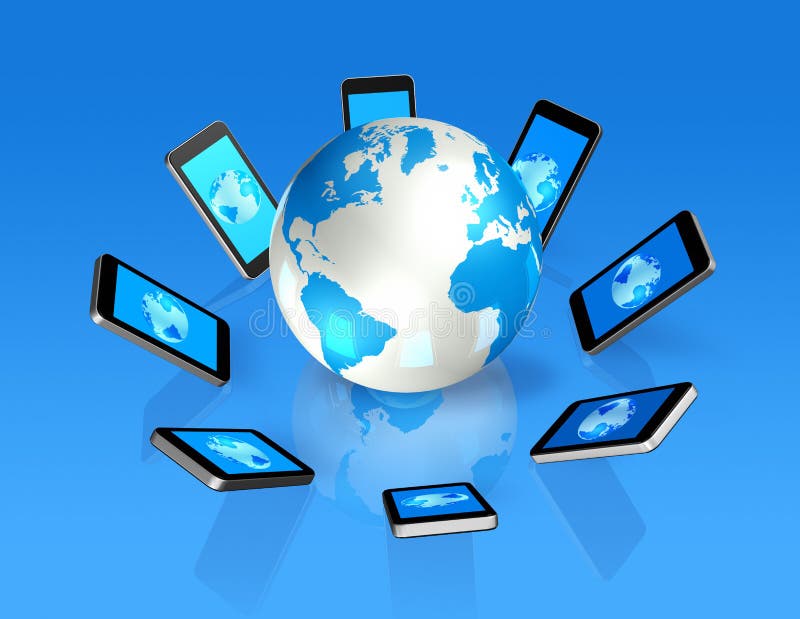 3D Mobile Phones Around a World Globe Stock Illustration - Illustration ...