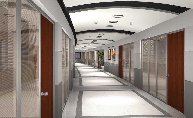 3D modern hotel hallway stock illustration. Illustration of door - 9403498