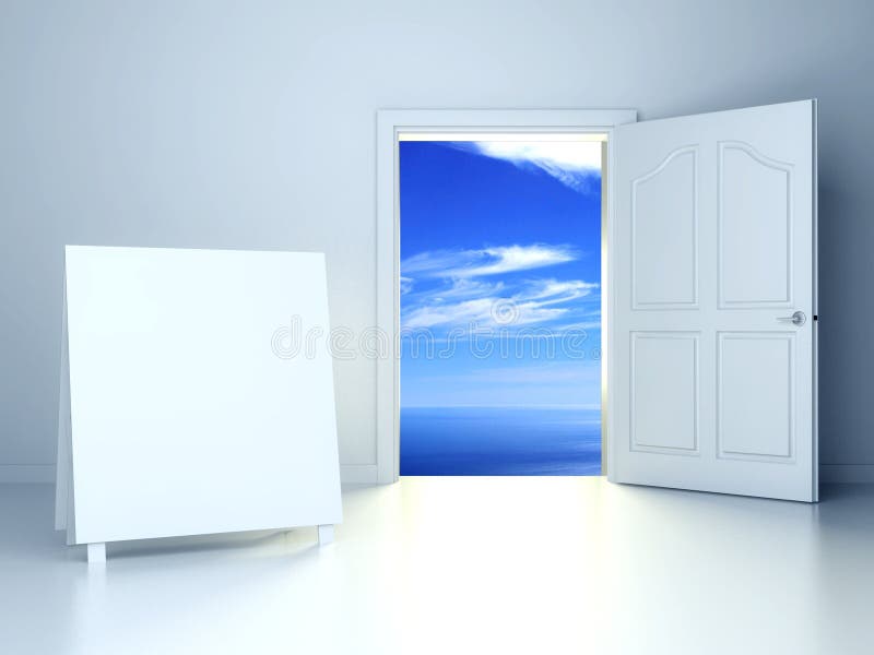 3d Open Door in Empty Room with Empty Frame Stock Illustration ...