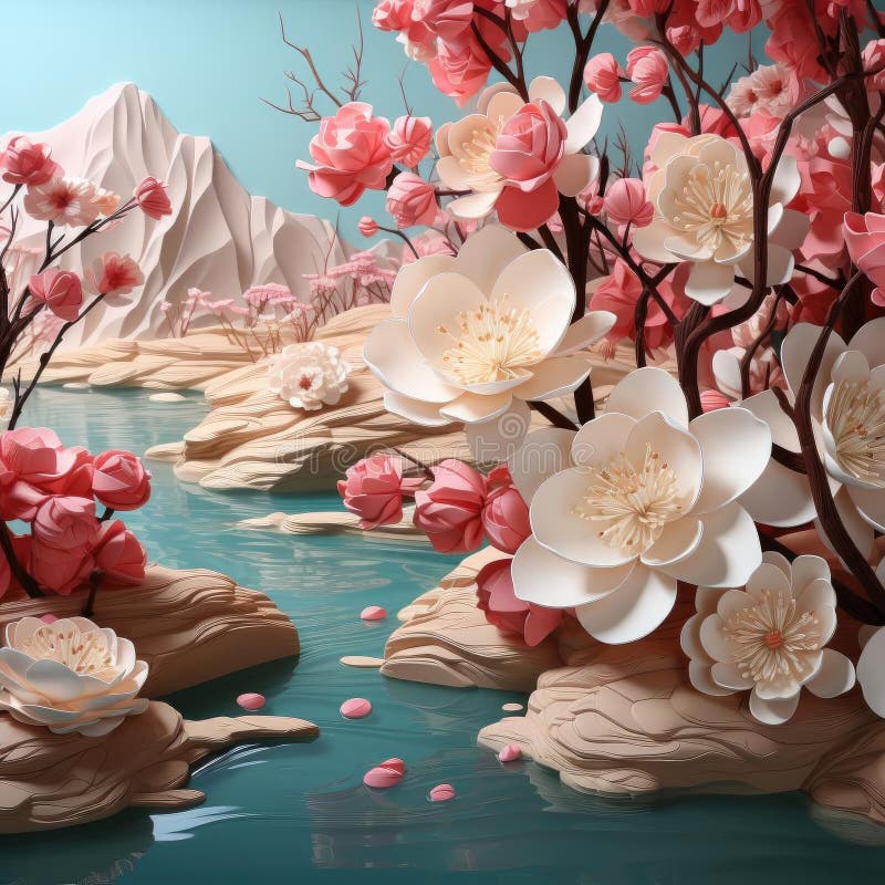 3D Paper Artwork of Cherry Blossoms in a Serene Landscape Stock ...