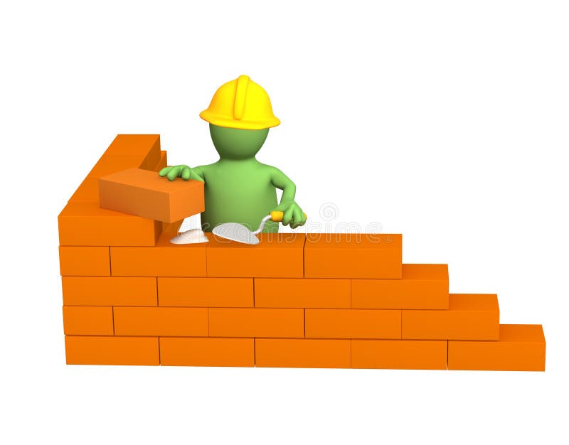 3d Puppet - Builder, Building a Brick Wall Stock Illustration ...