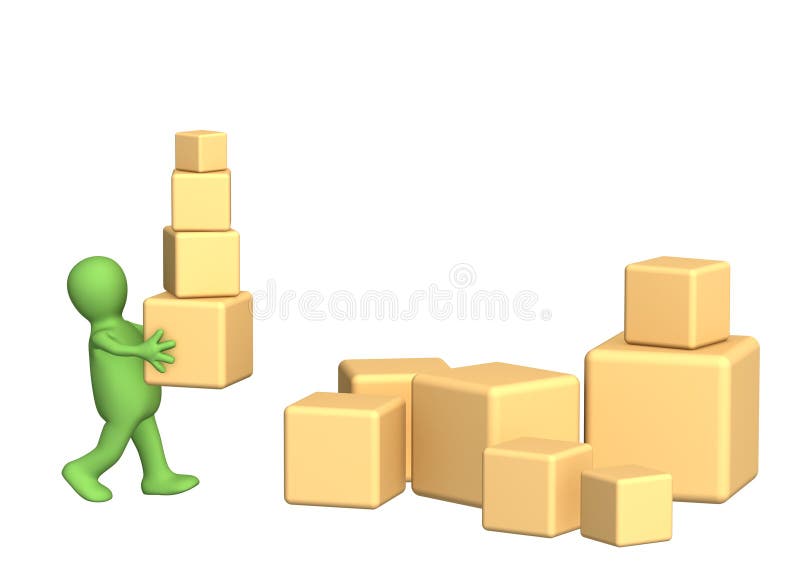 3d puppet, carrying boxes stock illustration. Illustration of motion ...
