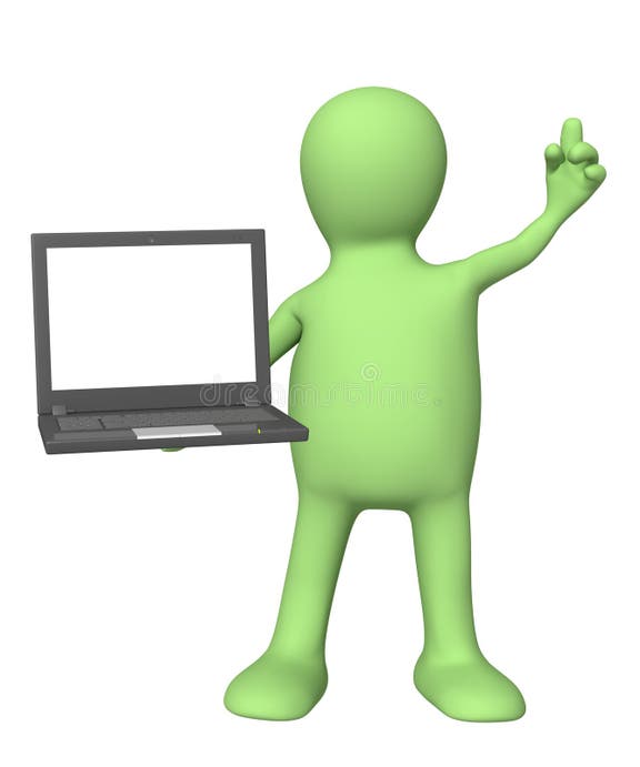 3d Puppet with Laptop in Hand Stock Illustration - Illustration of data ...