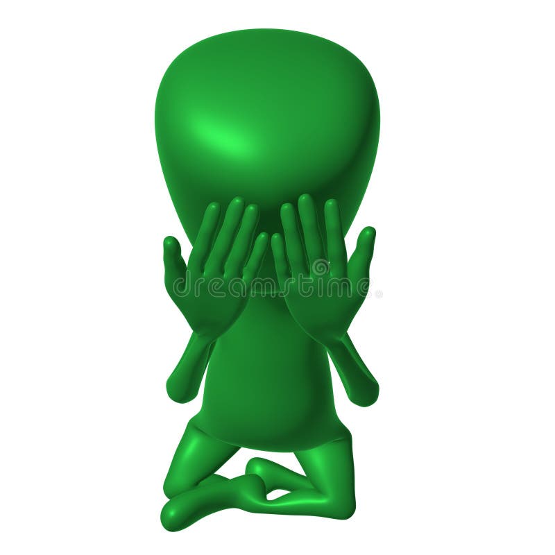 3d puppet seriously close eyes by hands, Green 3d puppet seriously ...