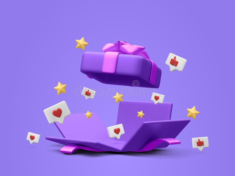 3d Realistic Open Gift Box with Thumbs Up, Hearts and Stars. Vector ...
