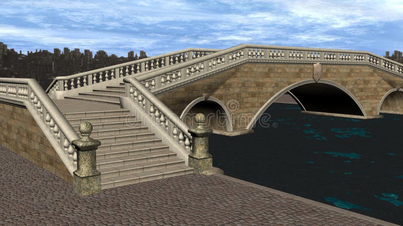 3D Render Bridge Over Canal Stock Illustration - Illustration of canal ...