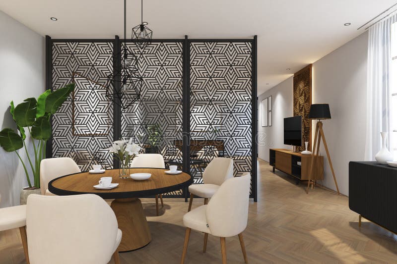 3d Render of Dining Living Room with Tv Panel Interior Design. Set 6 ...