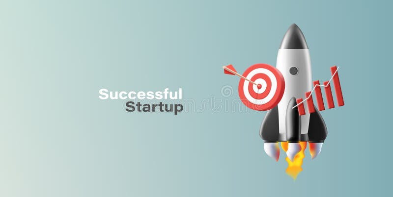 3d Render Illustration of Start Up Rocket with Bar Chart and Target Board, Success Launch ...