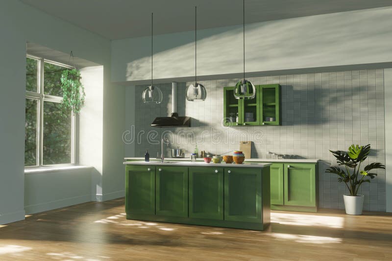 3d Render of Kitchen in Morning for Indoor Interior Design Concept ...