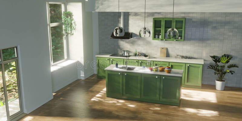 3d Render of Kitchen in Morning for Indoor Interior Design Concept ...