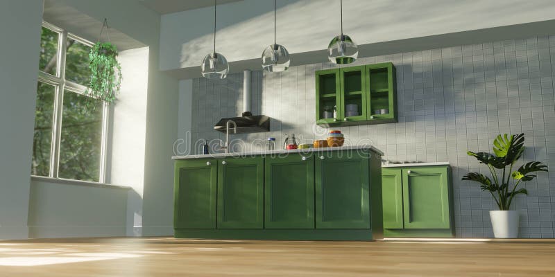 3d Render of Kitchen in Morning for Indoor Interior Design Concept ...
