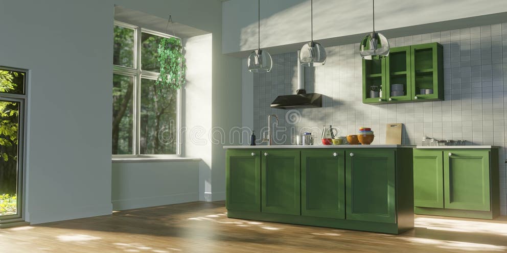 3d Render of Kitchen in Morning for Indoor Interior Design Concept ...